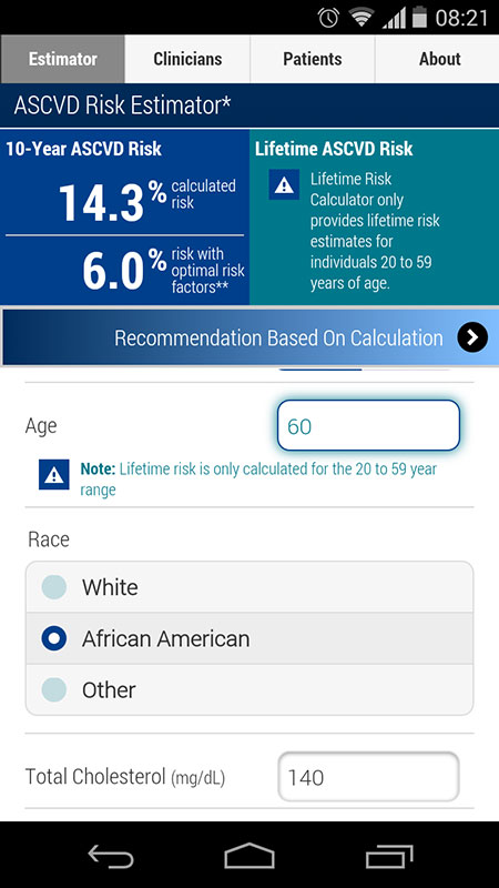 ASCVD Risk Estimator App, a cardiovascular disease risk assessment with ACC/AHA recommendations ...
